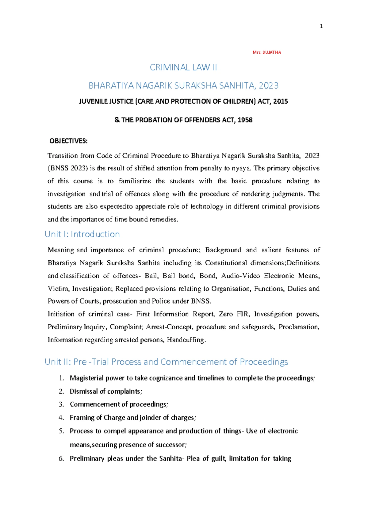 BNSS Notes: Unit III - Trial Process Overview and Key Provisions - Studocu