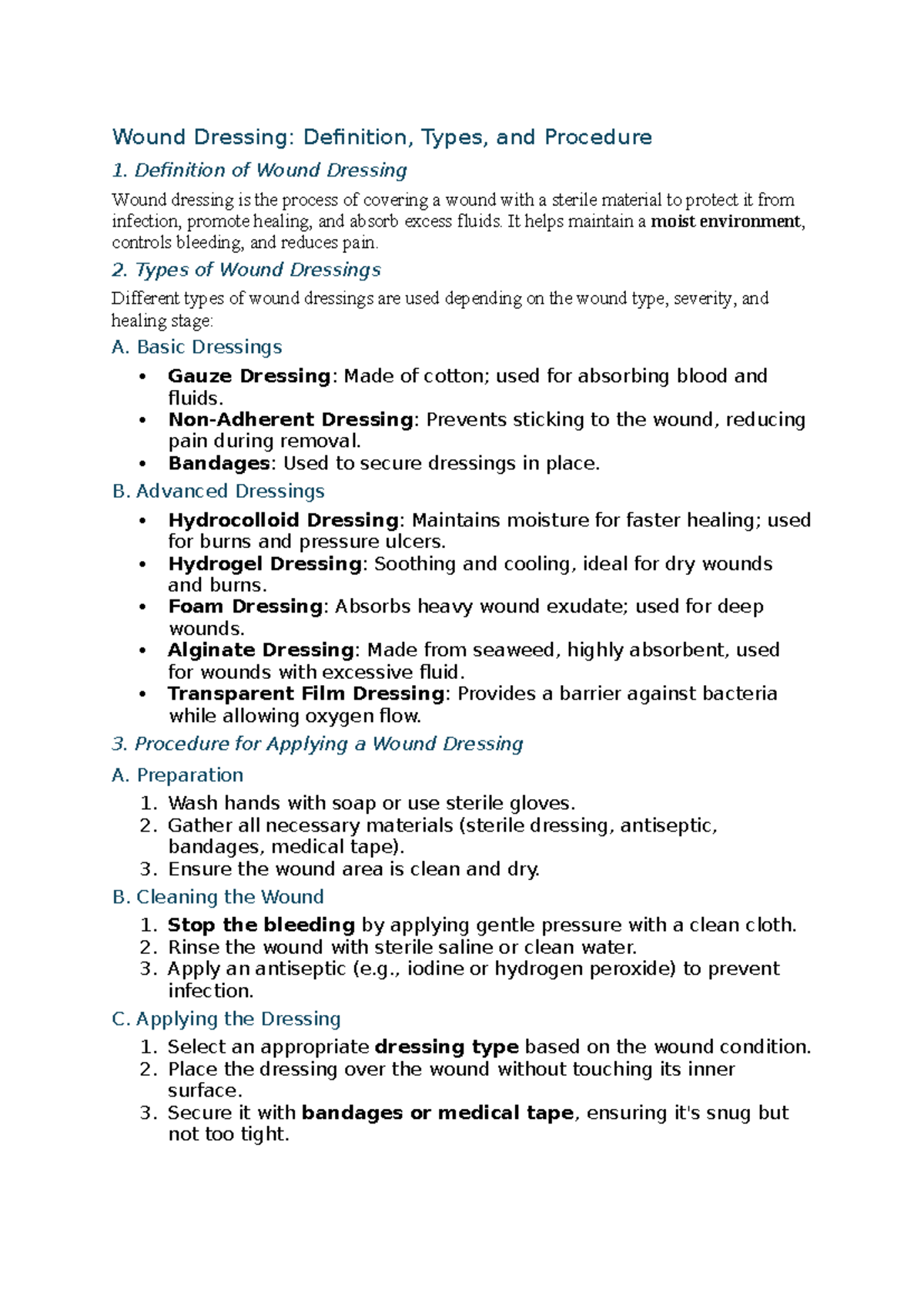 Wound Dressing: Types, Procedures, and Importance in Healing - Studocu
