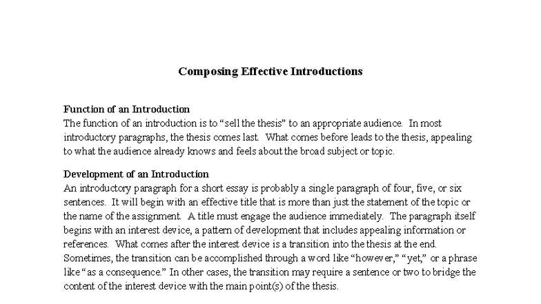 Effective Introductions: Crafting Engaging Openings for Essays - Studocu