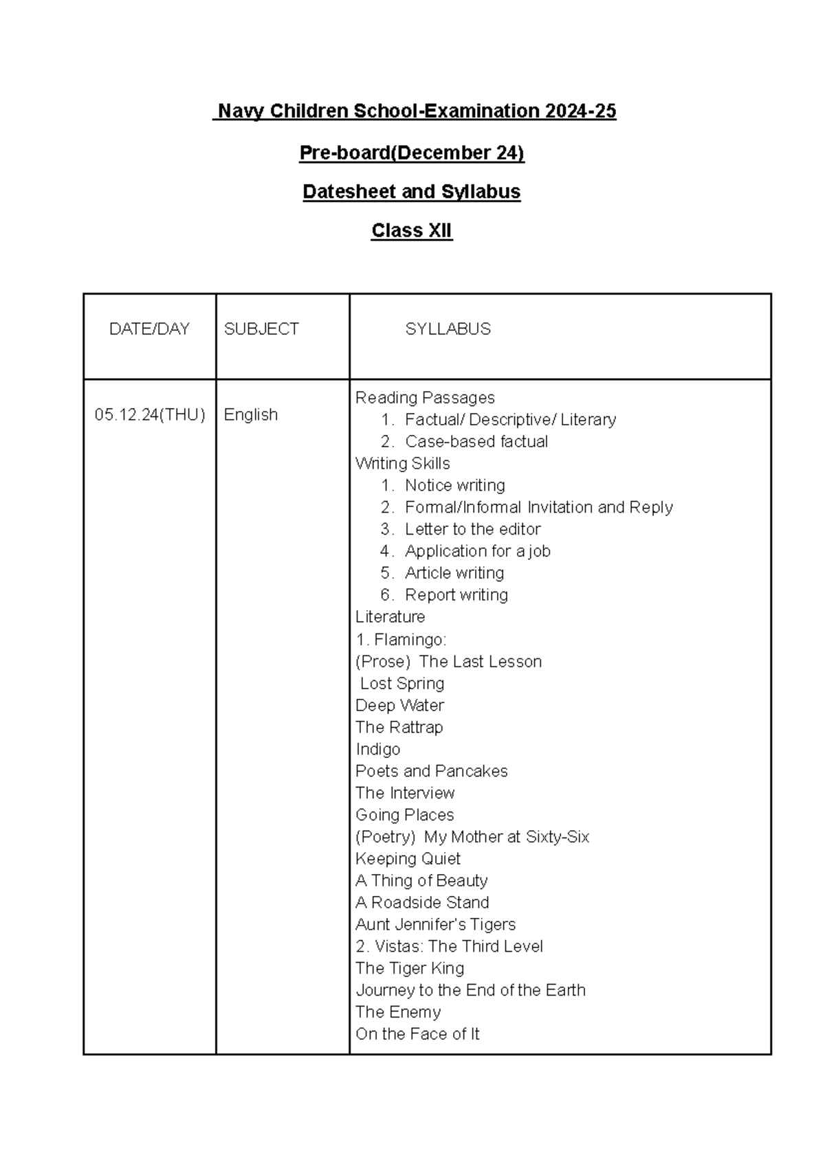 Syllabus class 12 Preboard(2024-25) - Navy Children School-Examination ...