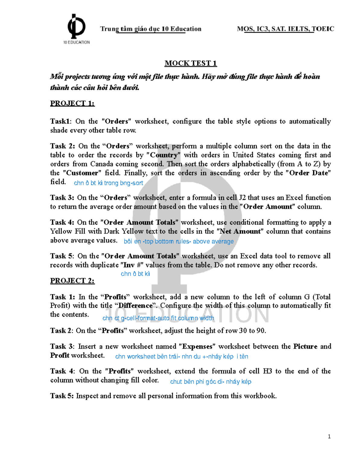 MOCK TEST 1 - Excel Project Tasks Overview and Instructions - Studocu
