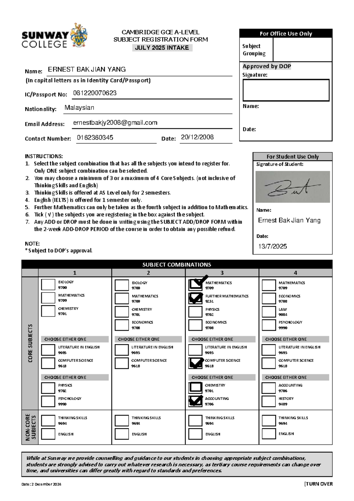 Subject Registration Form for Cambridge GCE July 2025 Intake - Studocu