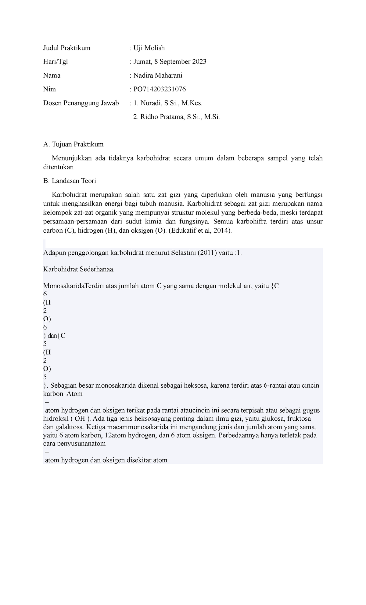 Uji Molisch: Laporan Praktikum Karbohidrat PO 2023 - Studocu
