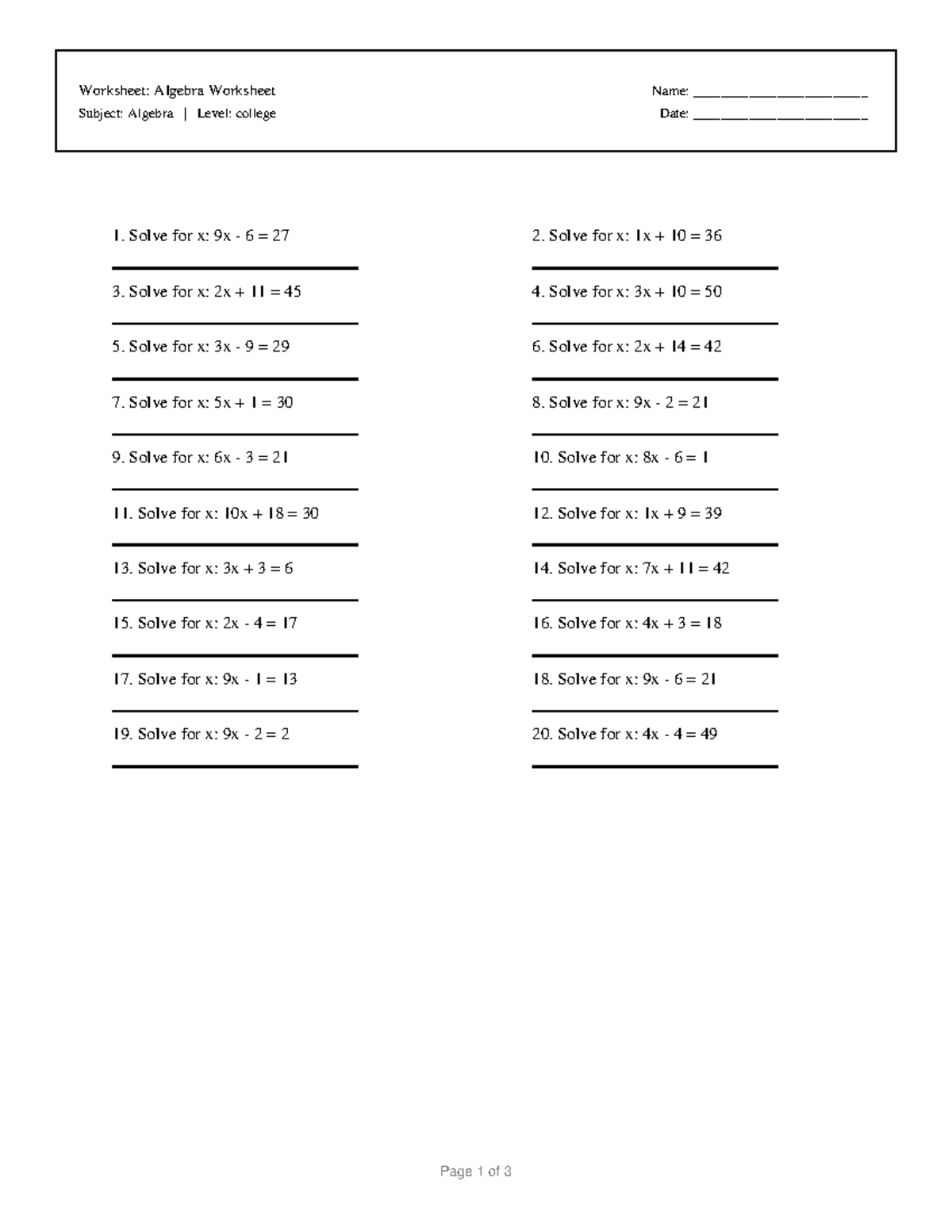 Algebra Worksheet 1: College Level Problems and Solutions - Studocu