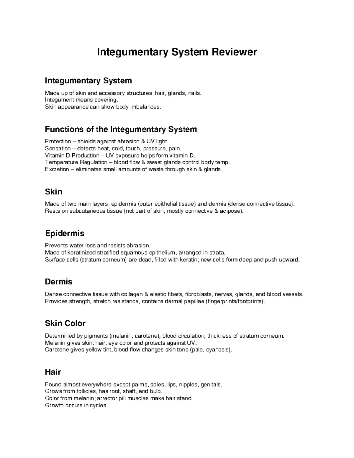Integumentary System Review: Key Functions & Structures - Studocu