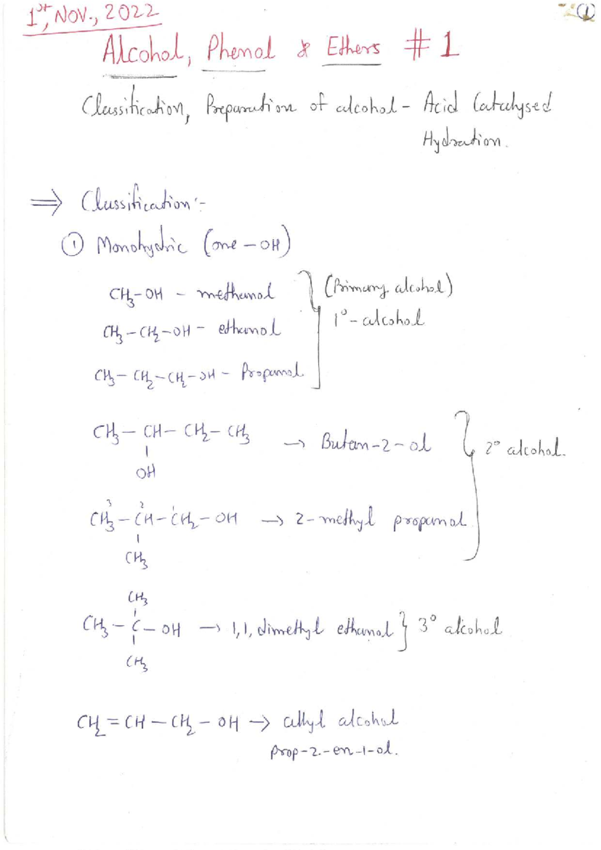 Alcohols, Phenols, and Ethers Notes (CHEM 101) - Studocu