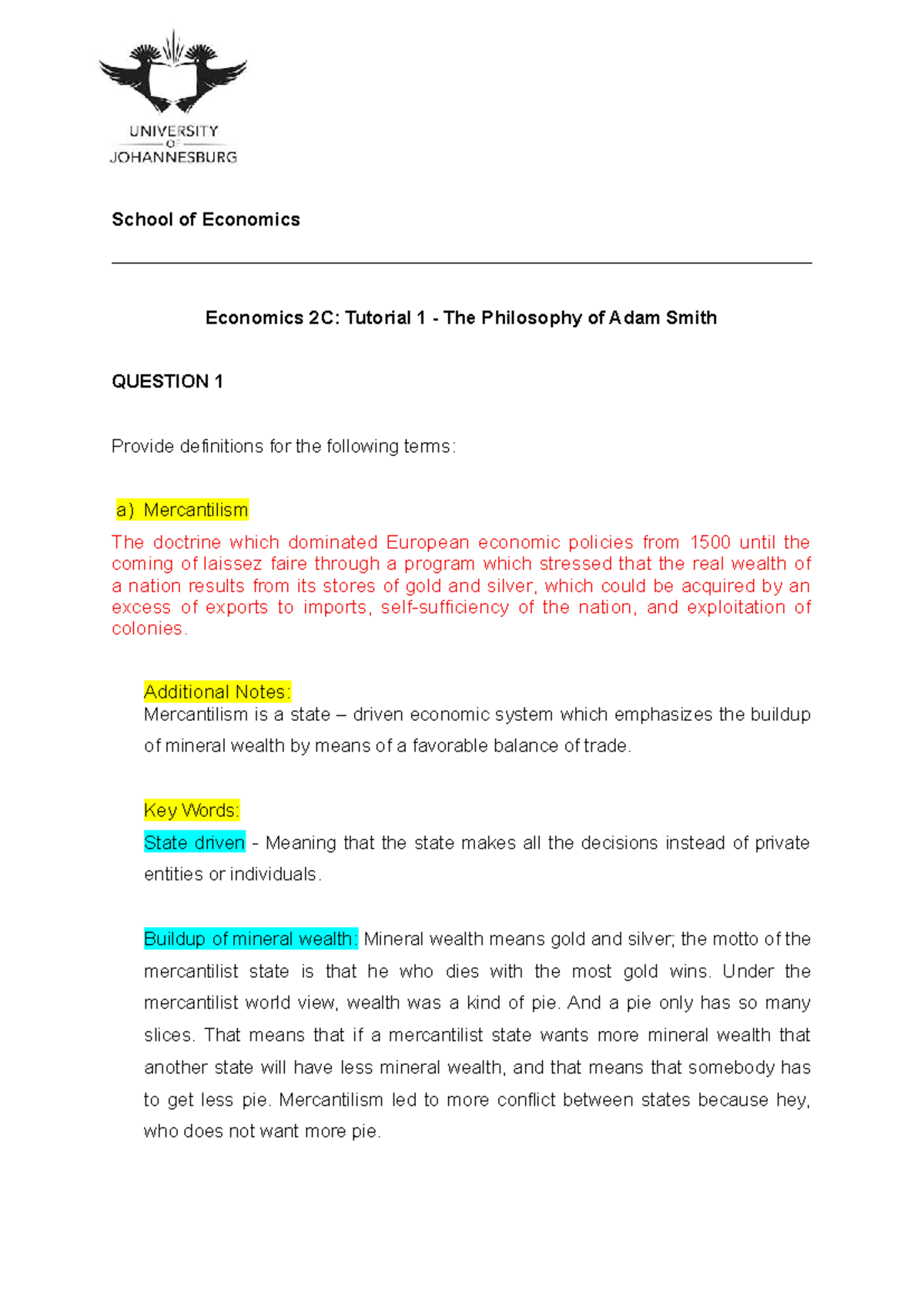 Economics 2C: Tutorial 1 Memo on Adam Smith's Philosophy - Studocu