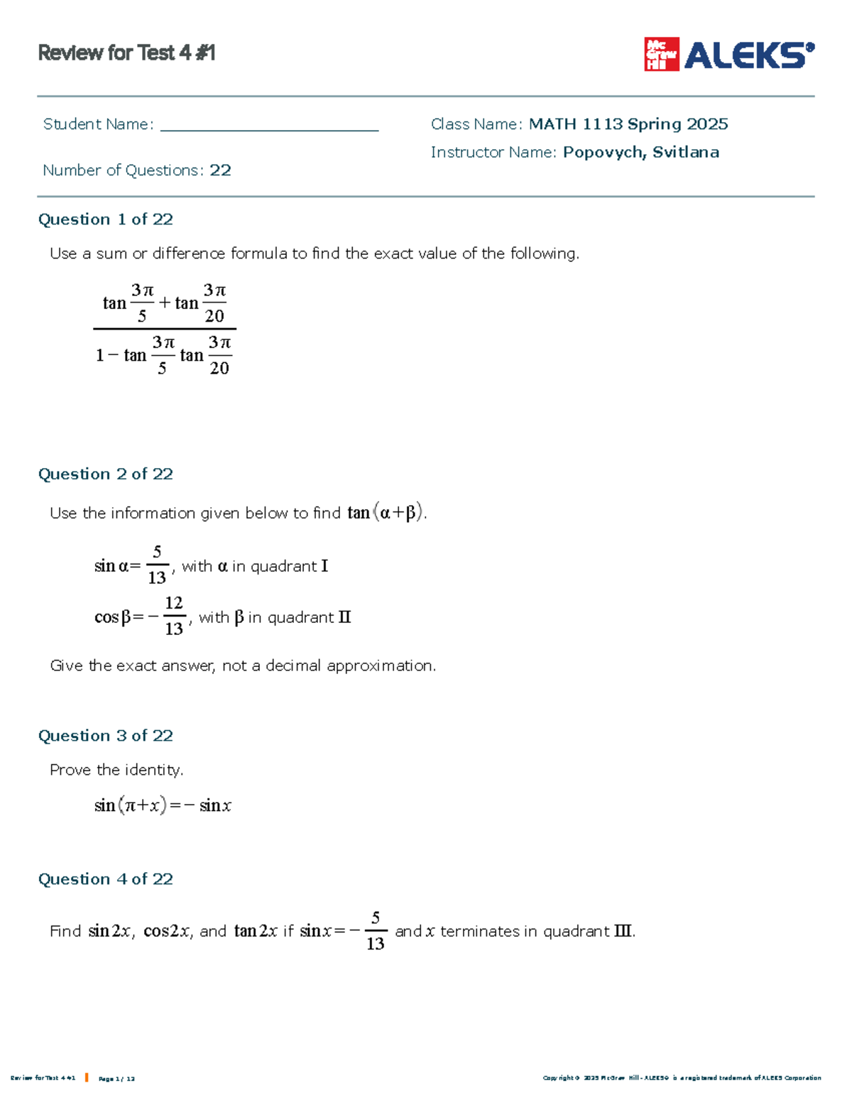 MATH 1113 Spring 2025 - Test 4 Comprehensive Review Questions - Studocu