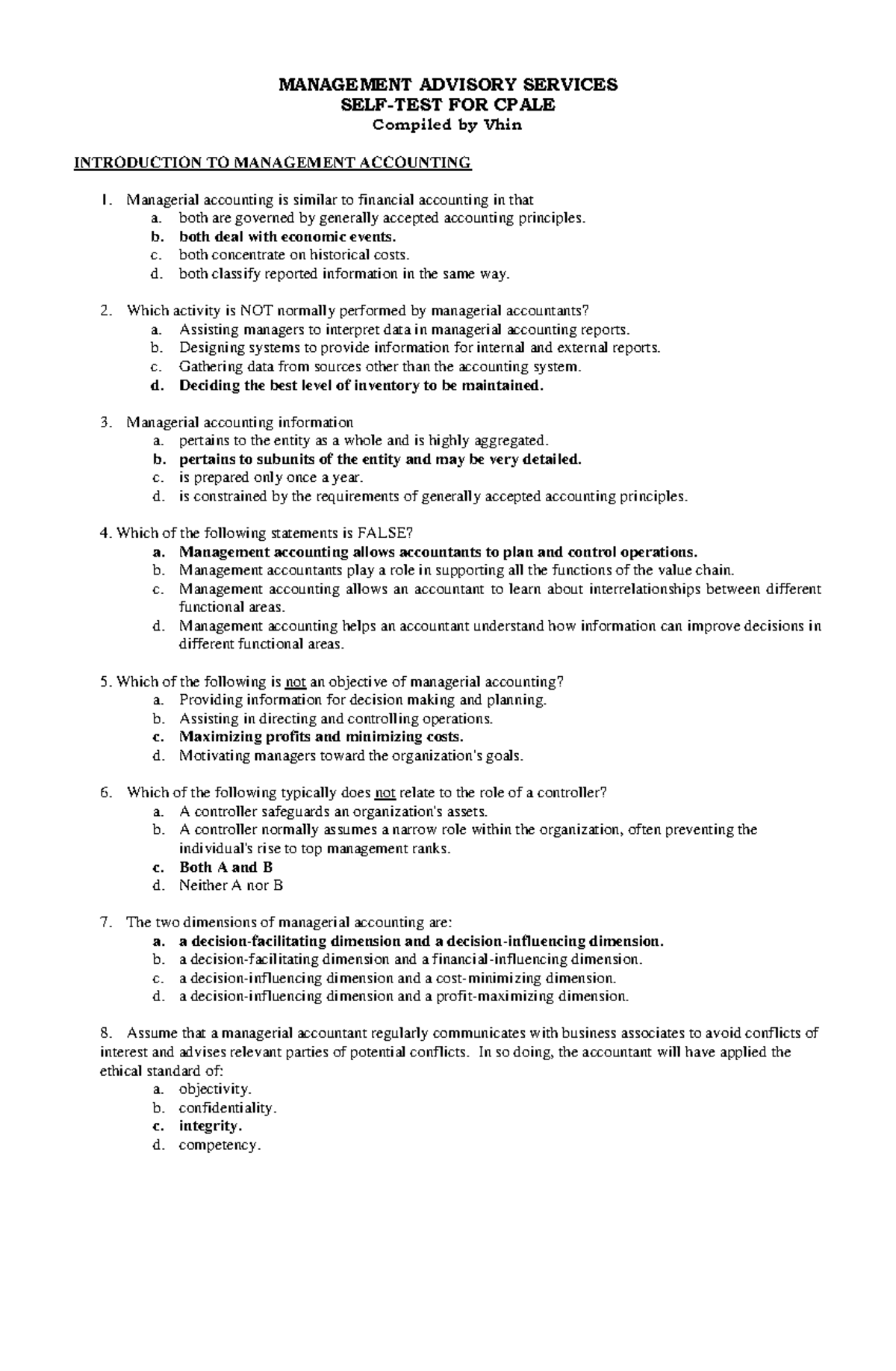 Management Advisory Services (MAS) Self-Test for CPALE: Answers ...