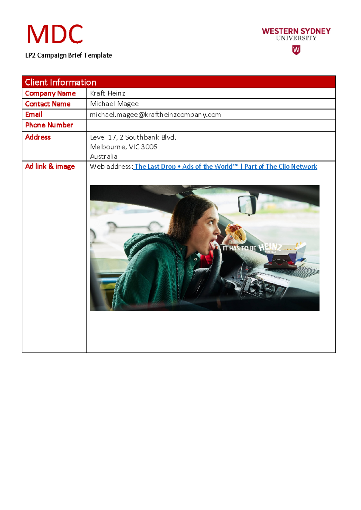 MDC Learning Portfolio 2 - MKTG3019 - MDC LP2 Campaign Brief Template ...