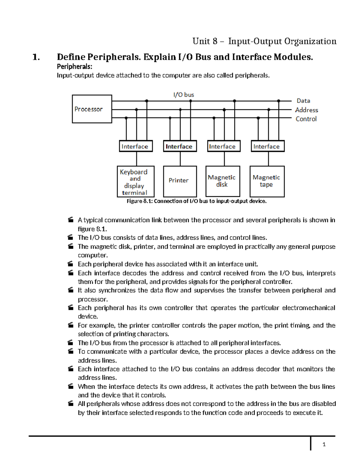 Unit 8 Organization: Peripherals, Interfaces, and Data Transfer Methods ...