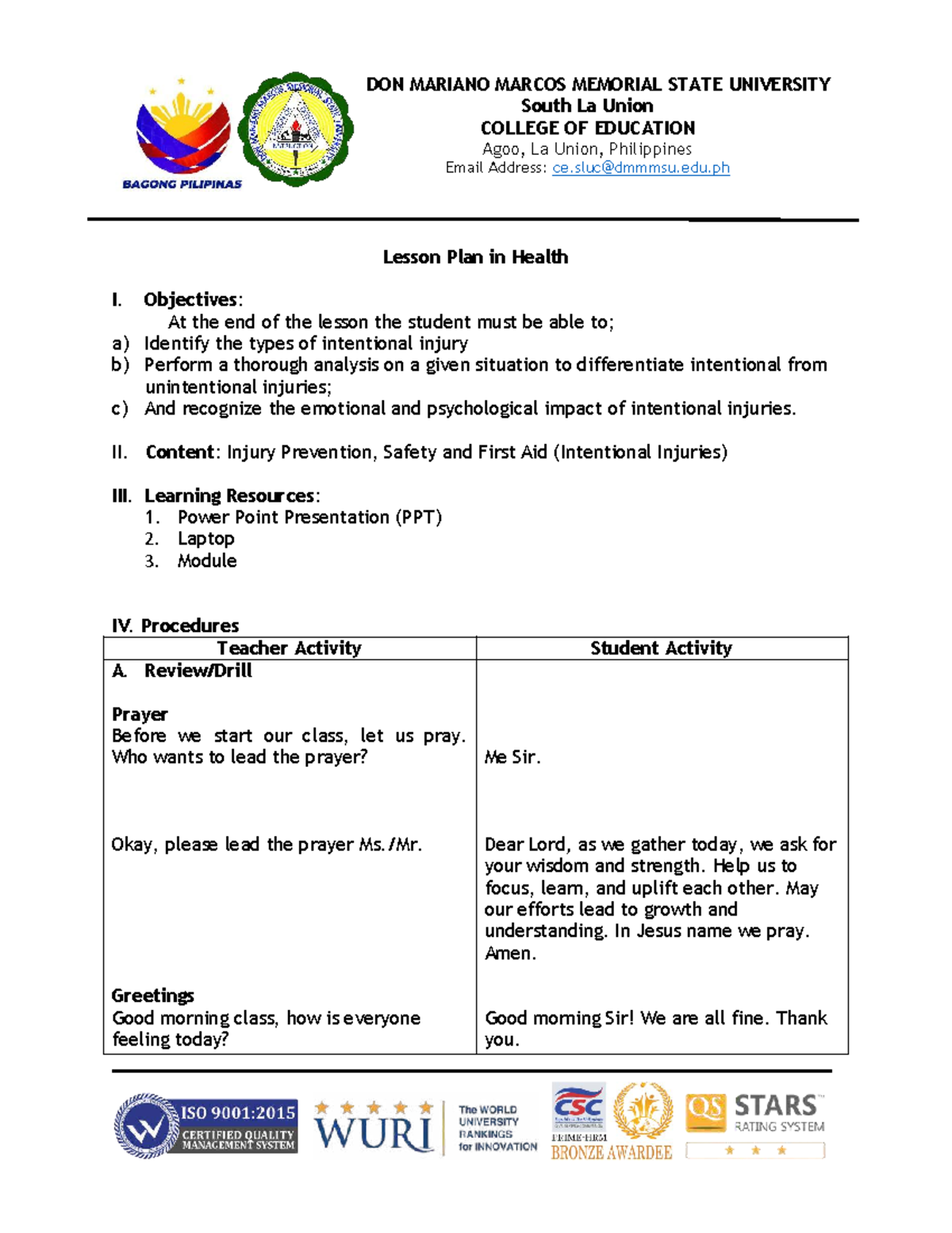 Lesson Plan in Health M1-Q4: Understanding Intentional vs ...