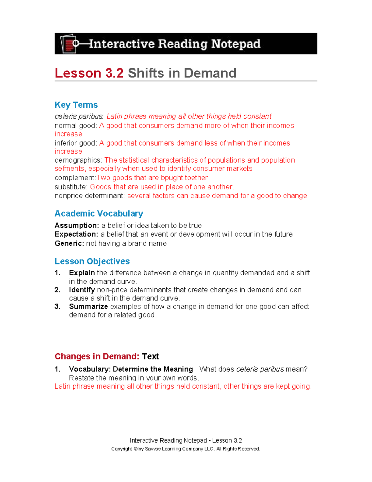 Ngss Econ T03 L02 CRN-1: Lesson 3.2 Shifts in Demand Key Terms - Studocu