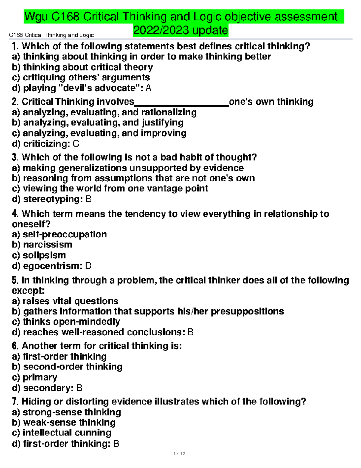 C168 Critical Thinking and Logic Mock Test Review 2022/2023 - Studocu
