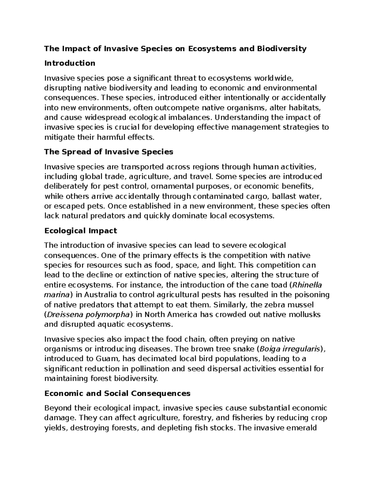 BIOL 301 - Invasive Species Essay: Impact on Ecosystems & Biodiversity ...