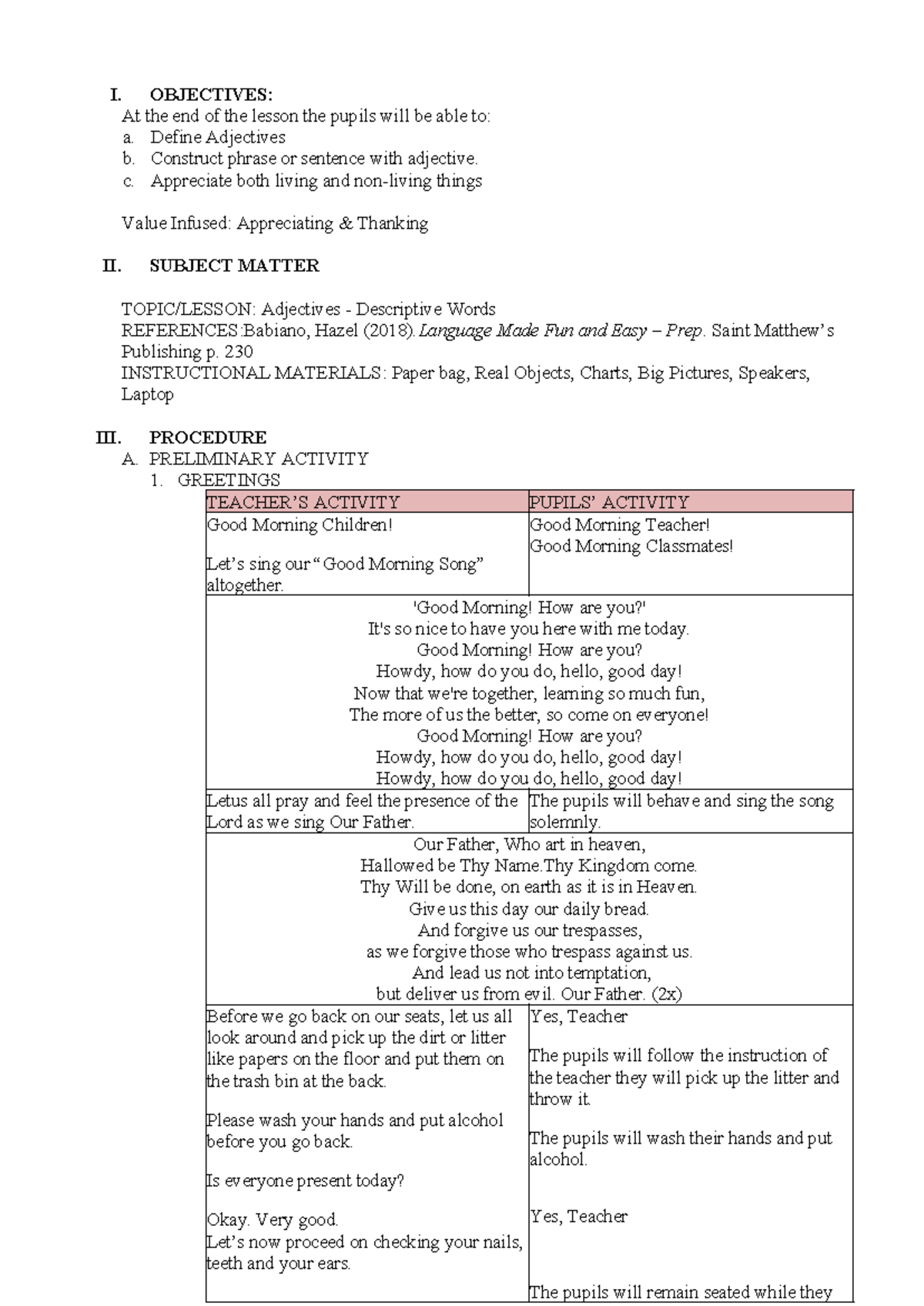 Detailed Lesson Plan on Adjectives (Course Code: 439580728) - Studocu