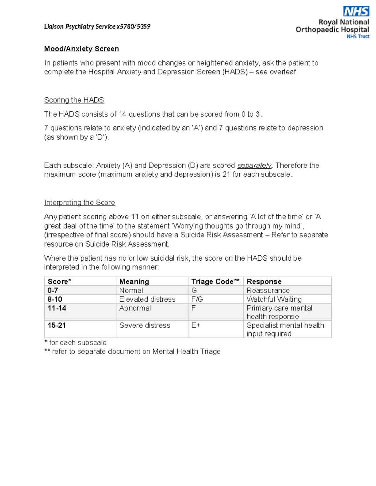RNOH Mood & Anxiety Assessment: HADS Scoring Guide - Studocu
