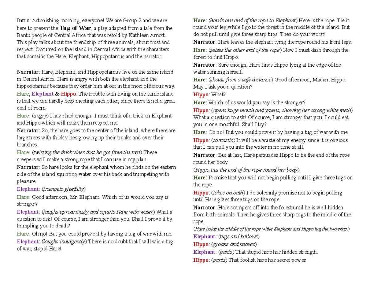Tug of War: A Play on Friendship and Cleverness (Group 2) - Studocu