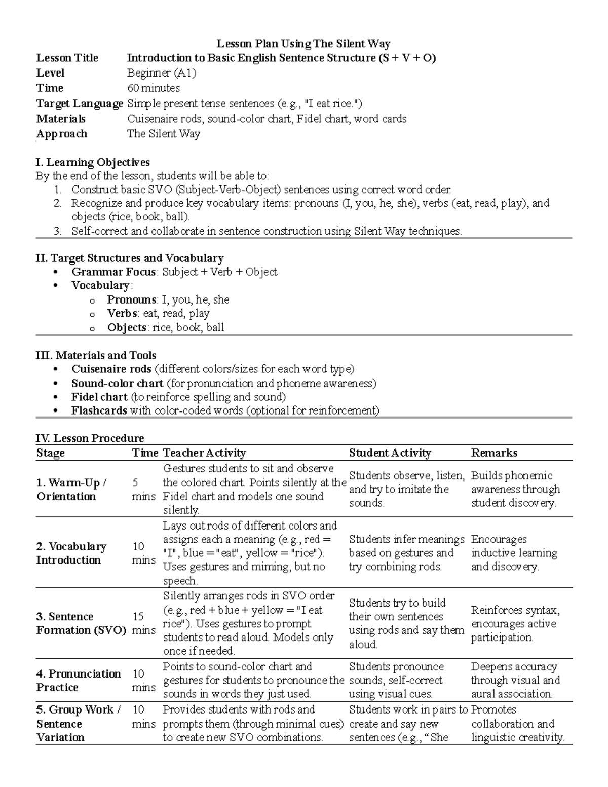 Lesson Plan: Basic English Sentence Structure (A1) Using The Silent Way ...