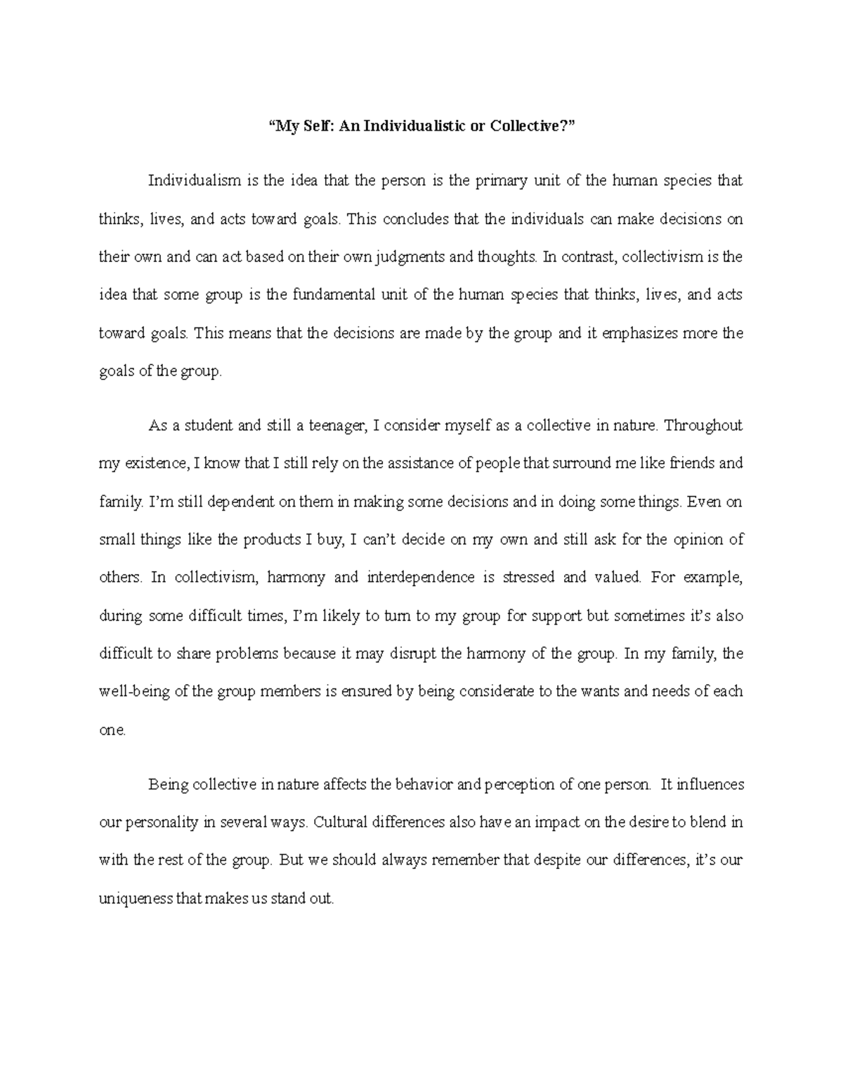 understanding the self - “My Self: An Individualistic or Collective ...