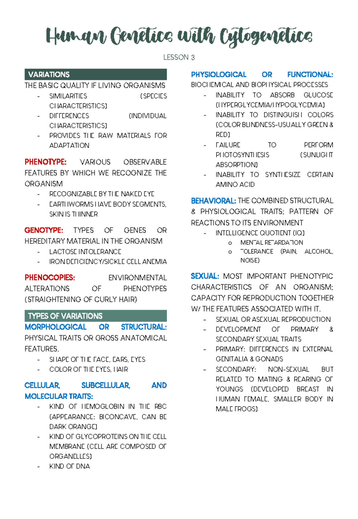 Genetics LEC lesson 3 - Human Genetics with Cytogenetics LESSON 3 ...