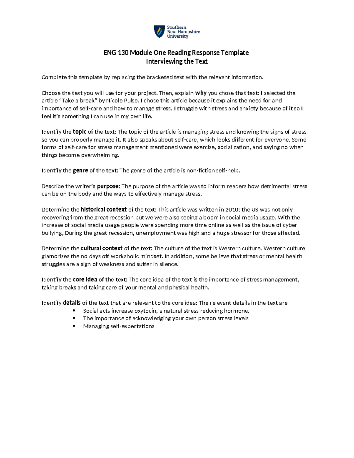 ENG 130 Module One Reading Response: Managing Stress & Self-Care - Studocu