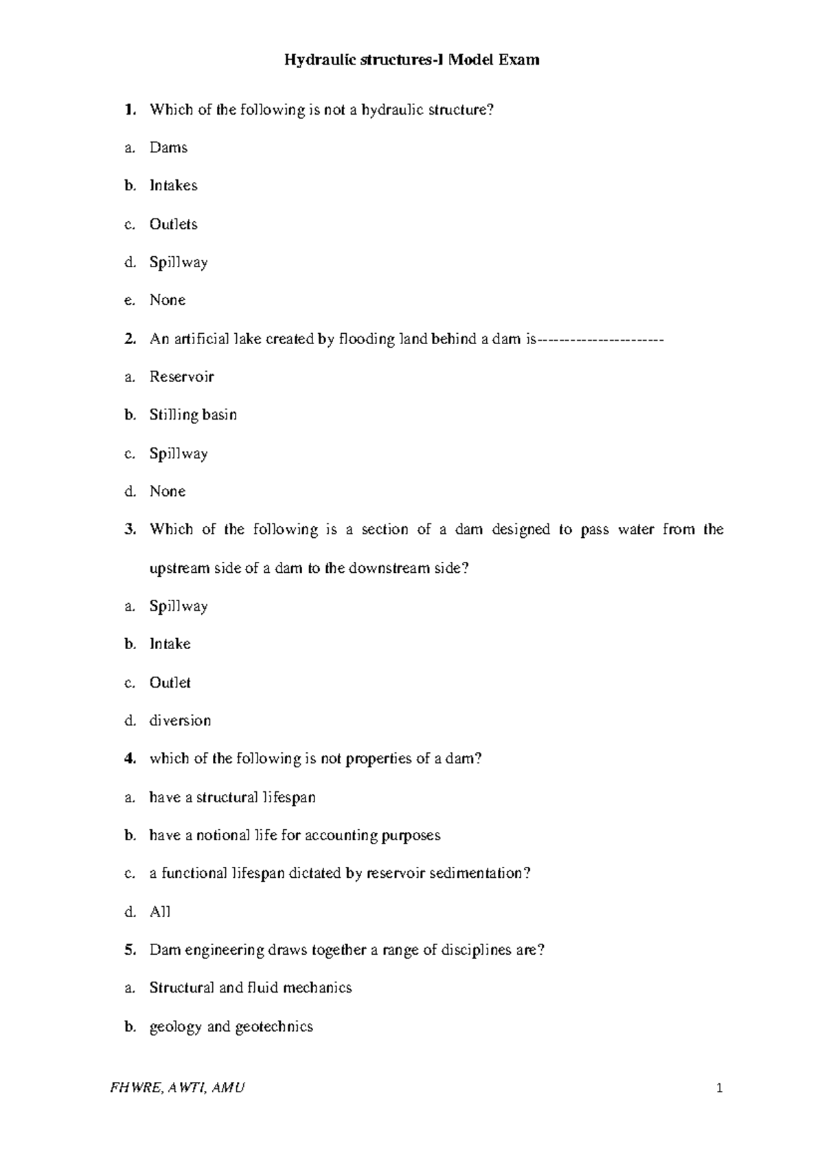 Hydraulic Structures I - Key Concepts and Quiz Questions - Studocu