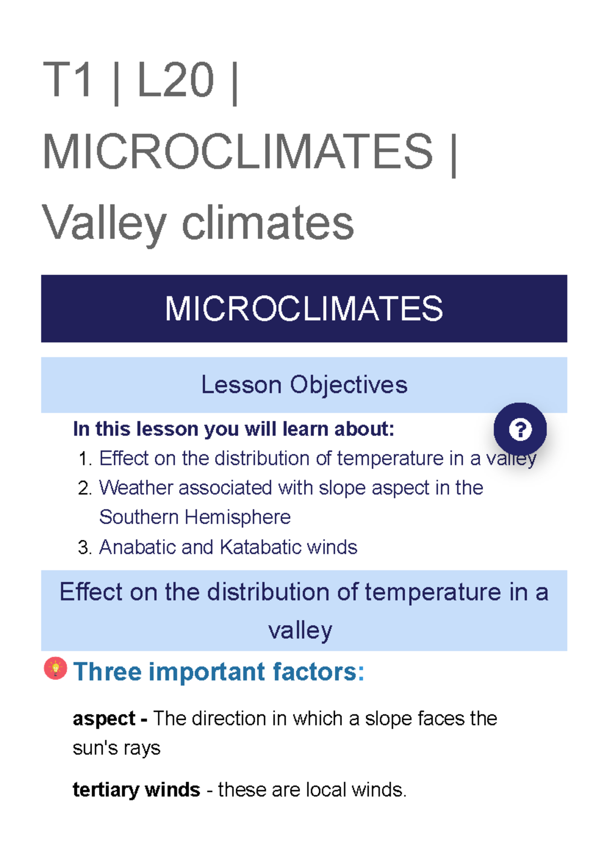 Grade 12 Geography: Lesson on Valley Climates & Microclimates - Studocu