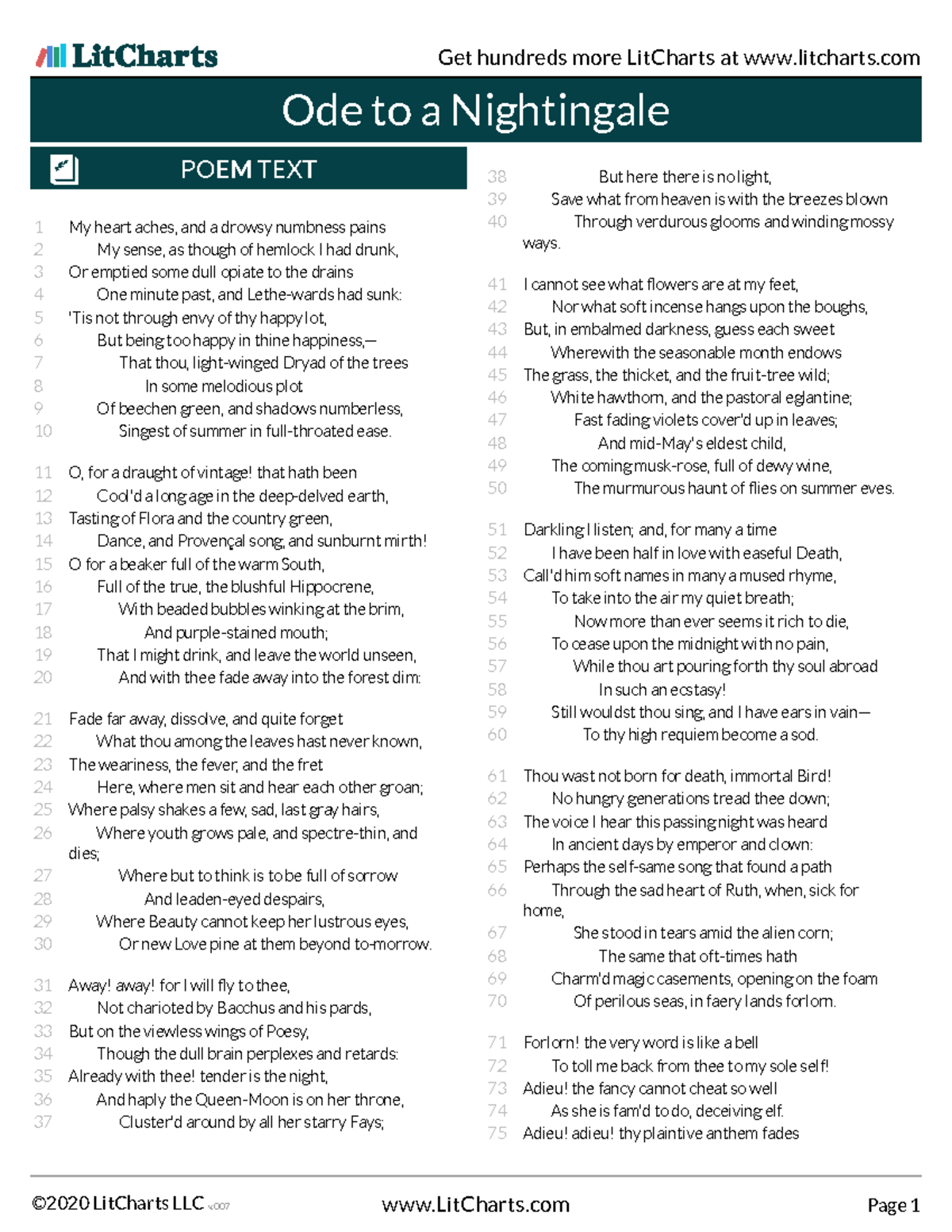 Ode to a Nightingale (ENG 101) - Comprehensive Lit Chart Analysis - Studocu