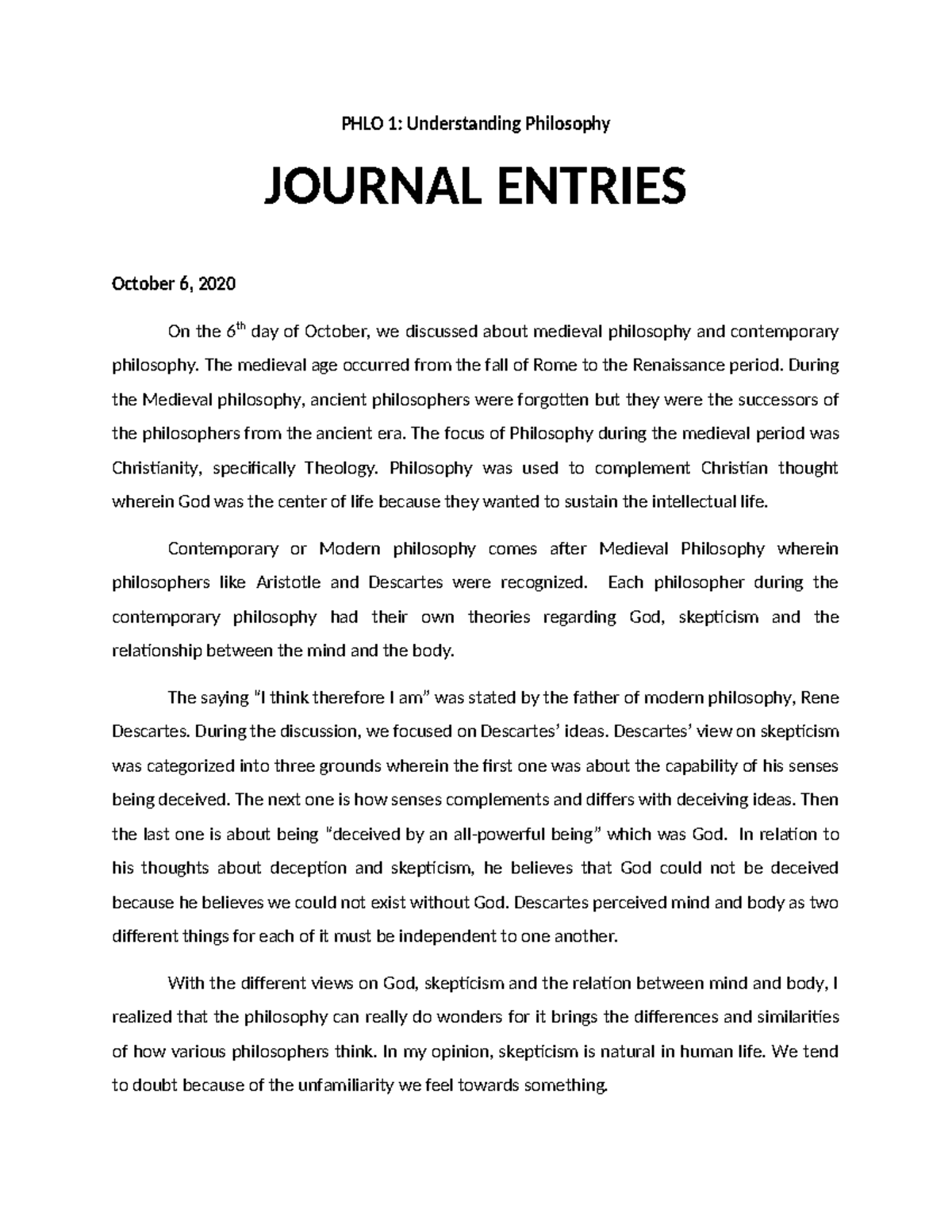 PHLO 1: Journal Entries on Medieval & Contemporary Philosophy - Studocu