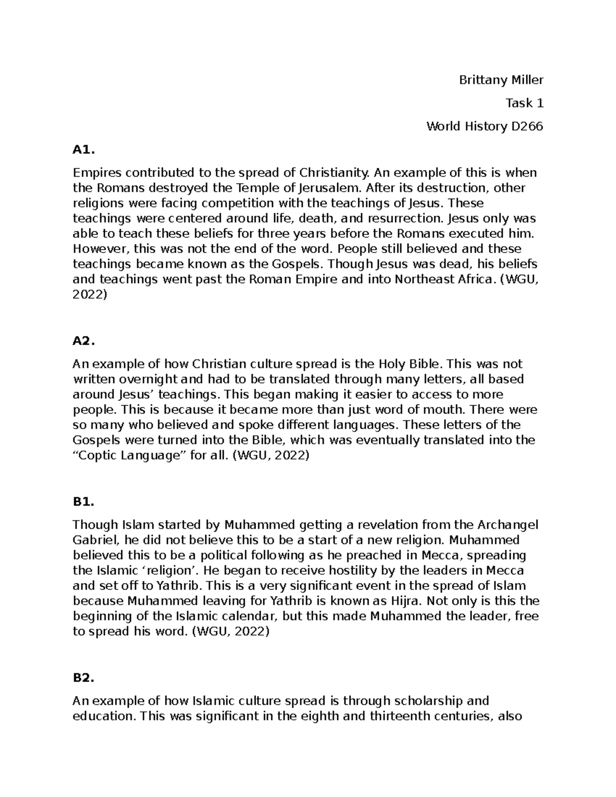 D266 World History Task 1: The Spread of Christianity and Islam - Studocu