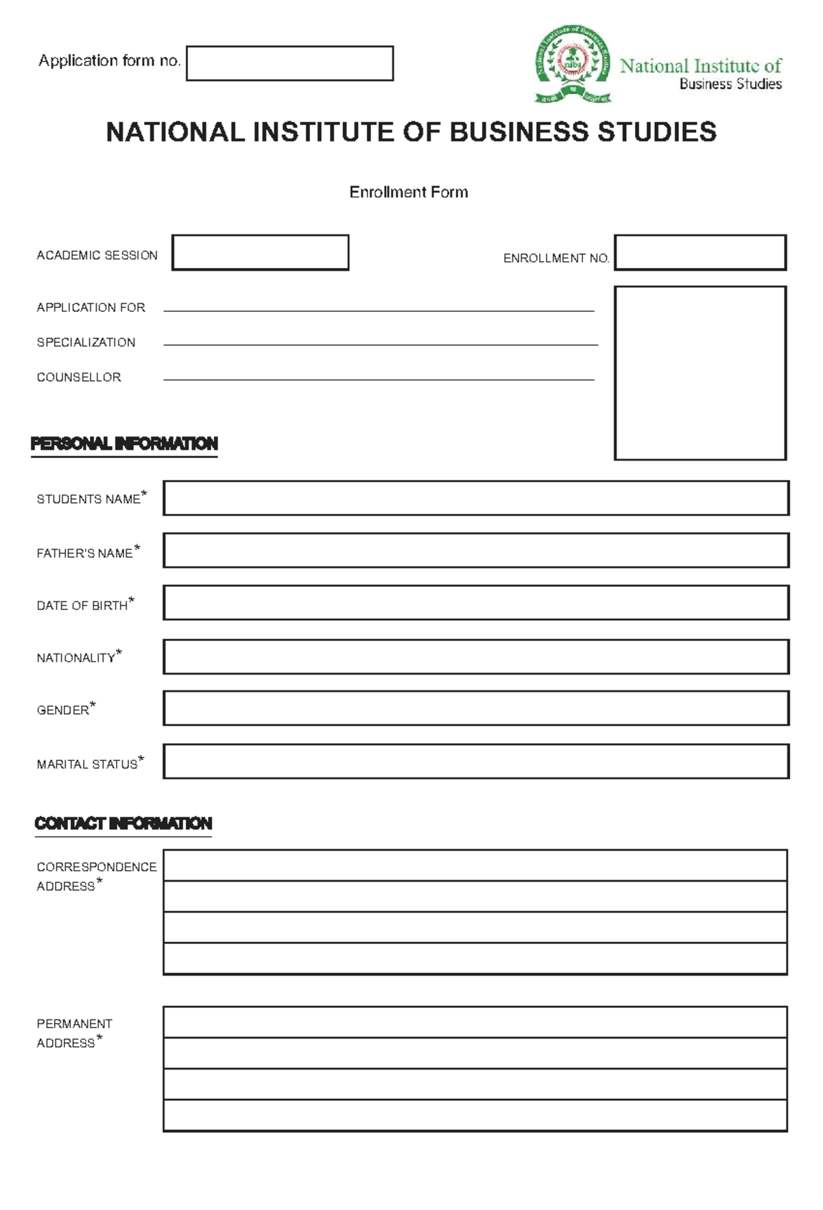 Enrollment Form - National Institute of Business Studies - Studocu