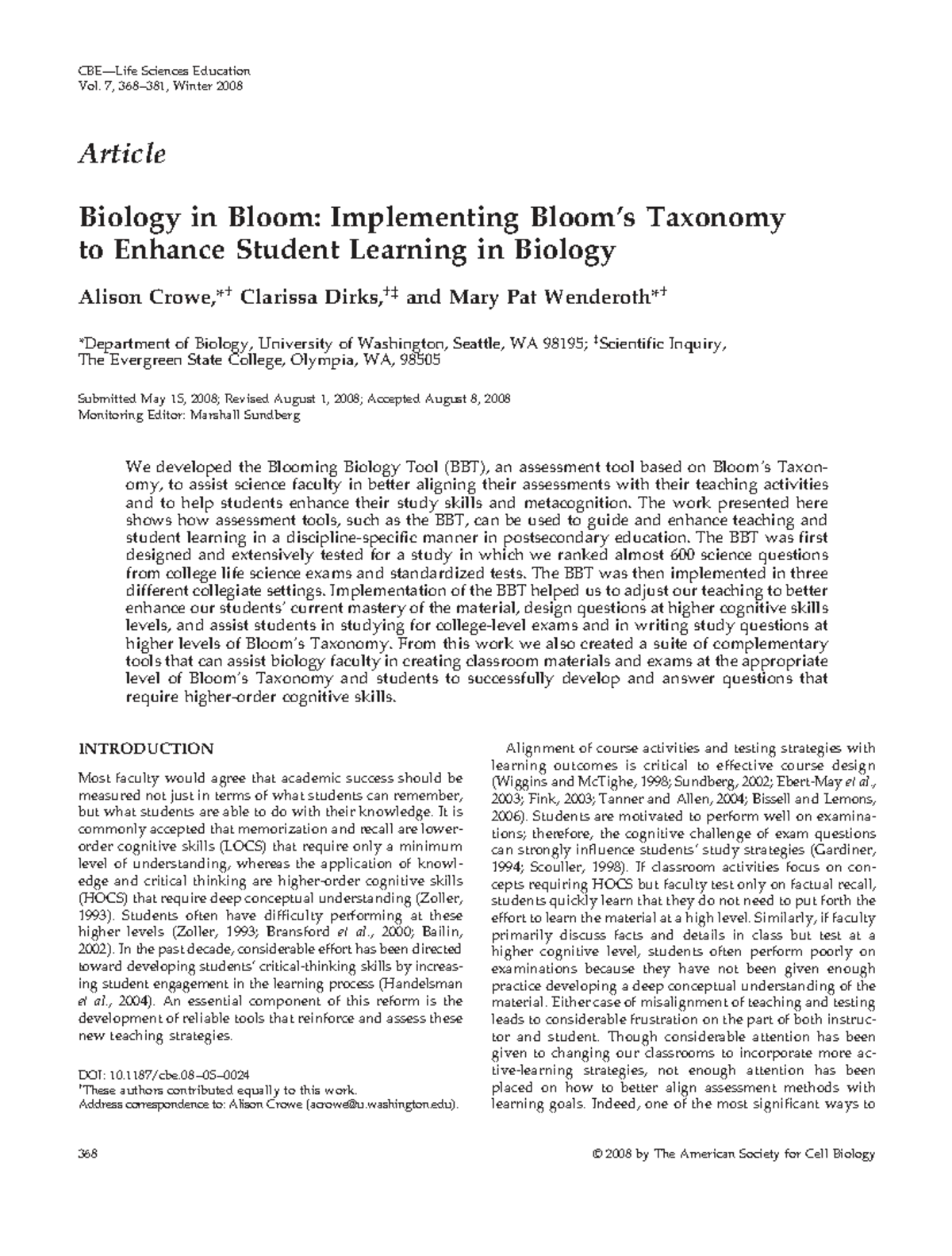 Biology in Bloom: Enhancing Learning with Bloom's Taxonomy - Studocu