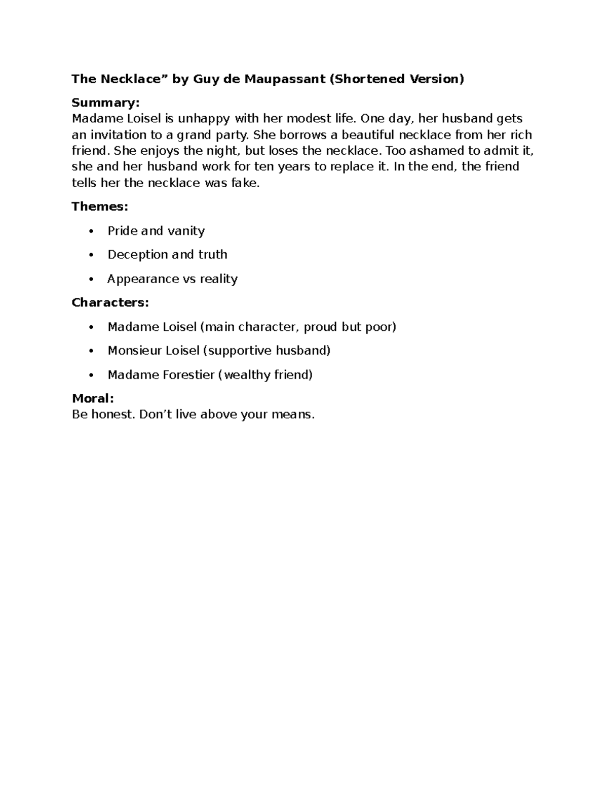 The Necklace Story Summary: Themes & Characters Analysis - Studocu