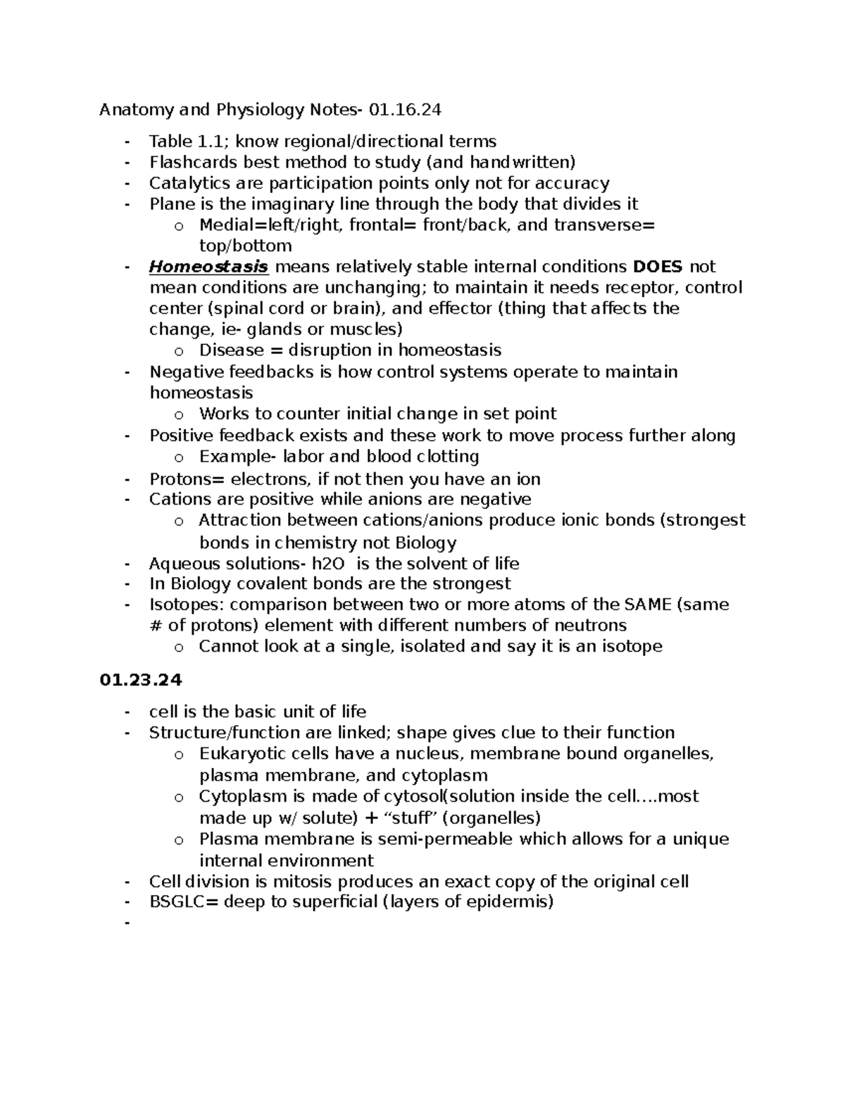 Anatomy and Physiology 01.16.24 Study Notes and Key Terms - Studocu