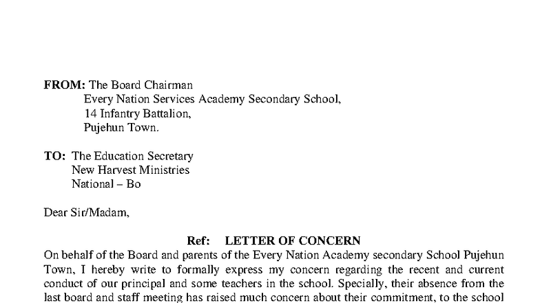 Letter of Concern from Board Chairman - Every Nation Academy - Studocu