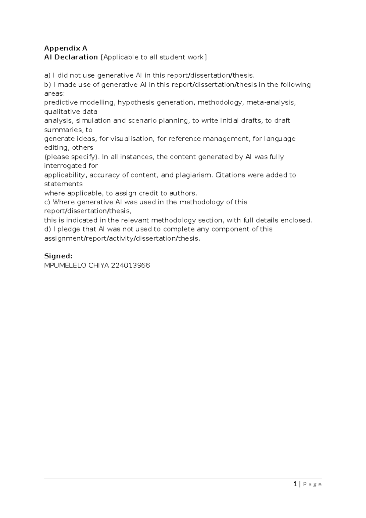 AI Declaration Form for Academic Work - MPUMELELO CHIYA 224013966 - Studocu