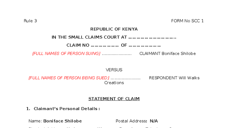 Small Claims Court Statement of Claim - SCC 1 - Boniface Shilobe - Studocu