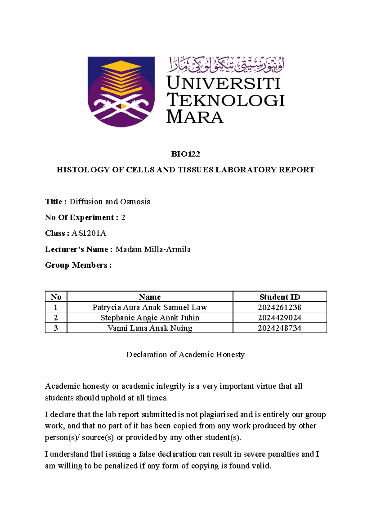LAB Report BIO122: Diffusion and Osmosis Experiment 2 - Studocu