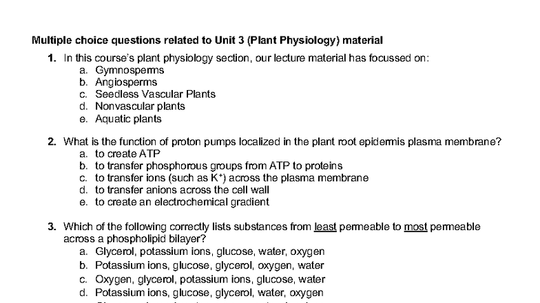 Unit 3 (Plant Physiology) Sample Exam MCQs - Studocu