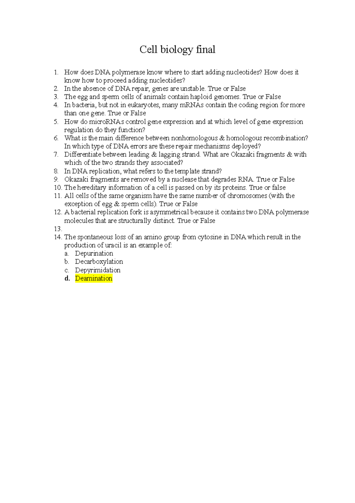 Cell Biology Final Exam - Key Topics and Concepts - Studocu