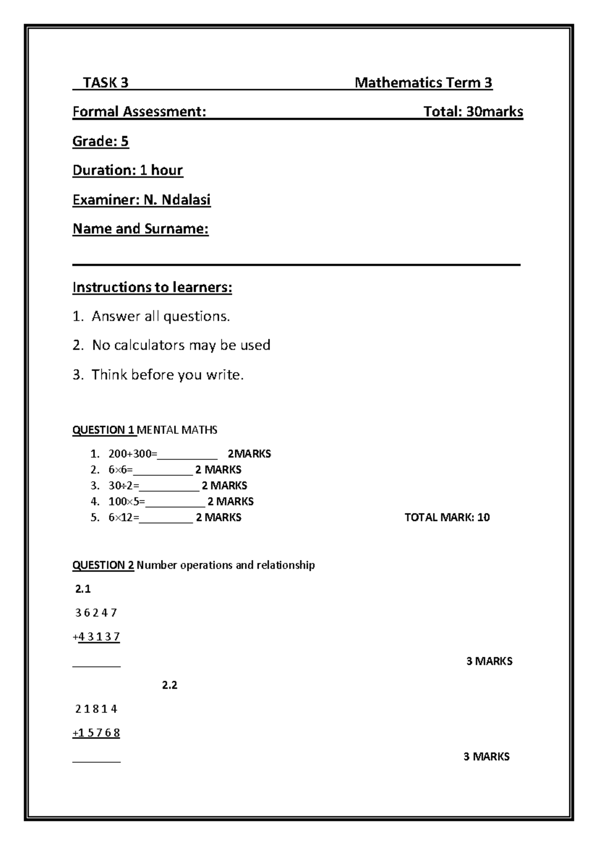 TASK 3 Mathematics Term 3 Formal Assessment (30 Marks) - Studocu