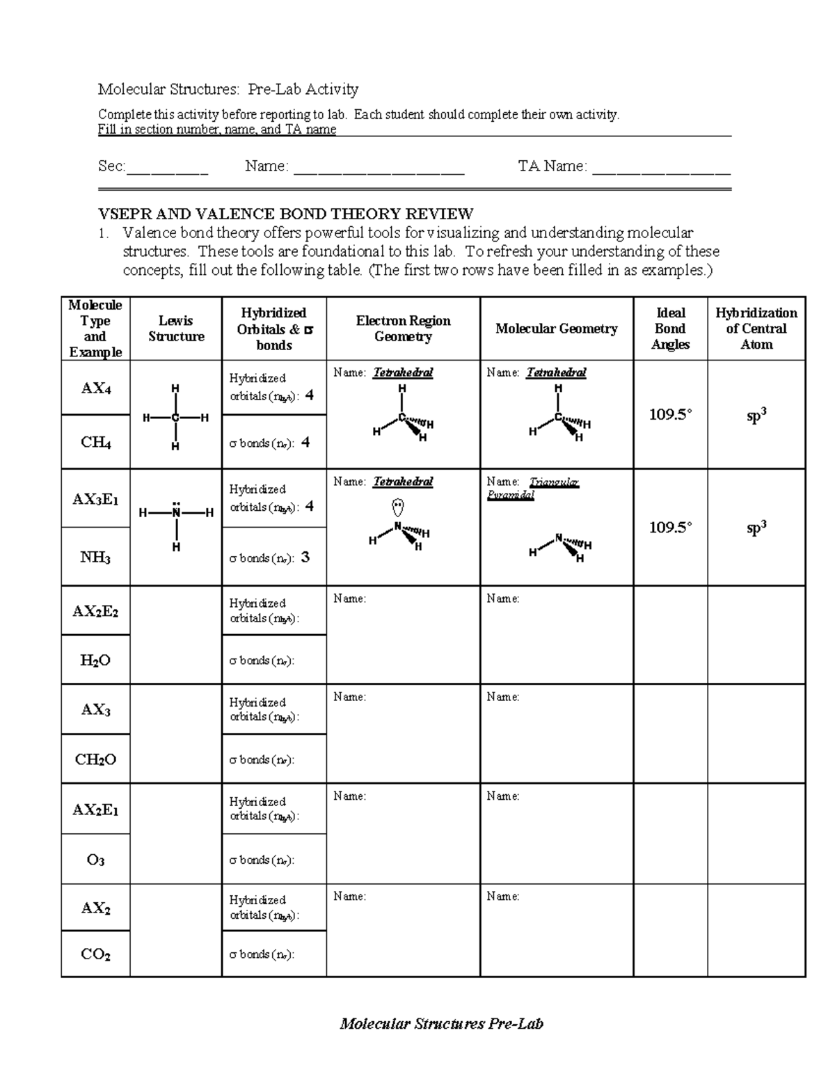 01 Molecular Structures Pre-Lab: VSEPR & Valence Bond Theory Review ...