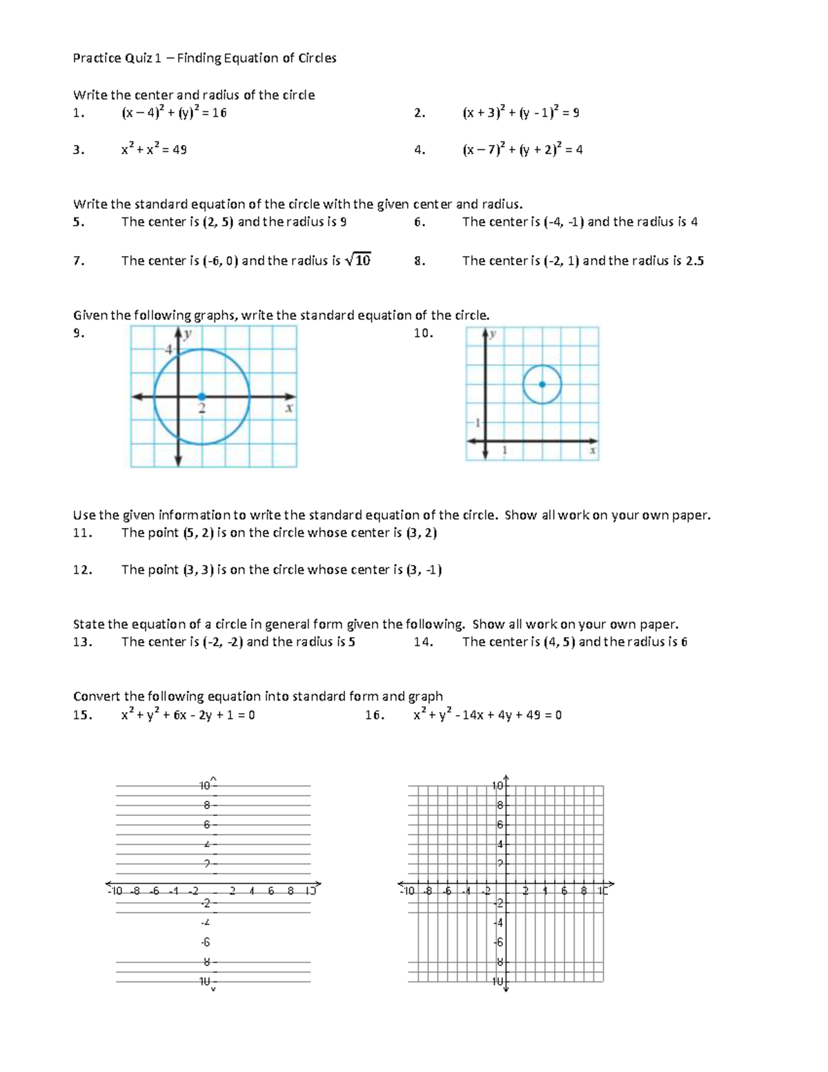 Practice Quiz 1: Finding Equation of Circles - Studocu