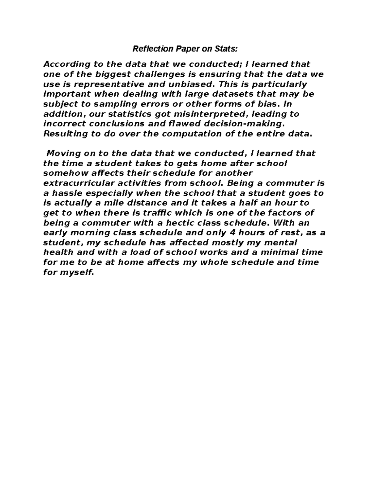 Reflection Paper on Stats: Impact of Commuting on Student Life - Studocu