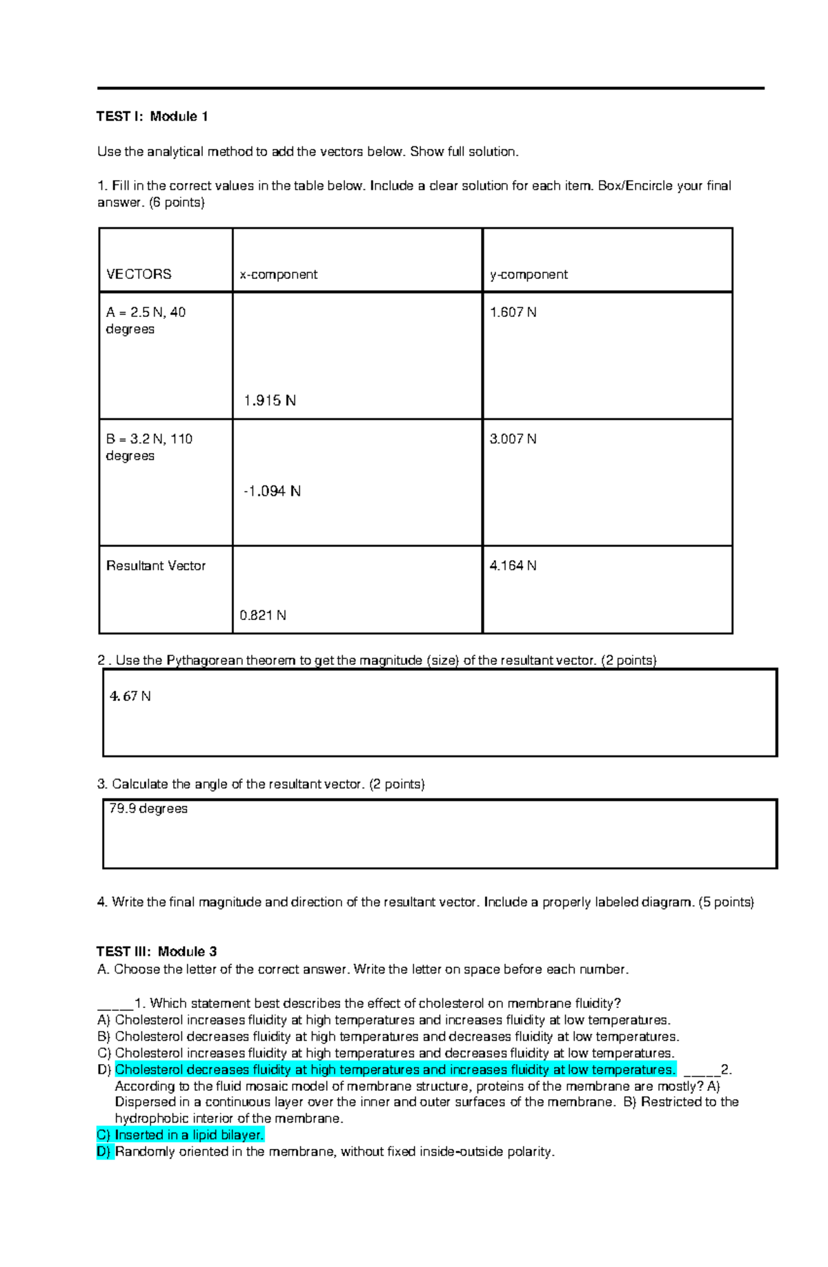 Biophysics Exam Answers (TEST I & III): Vector Analysis & Membrane ...