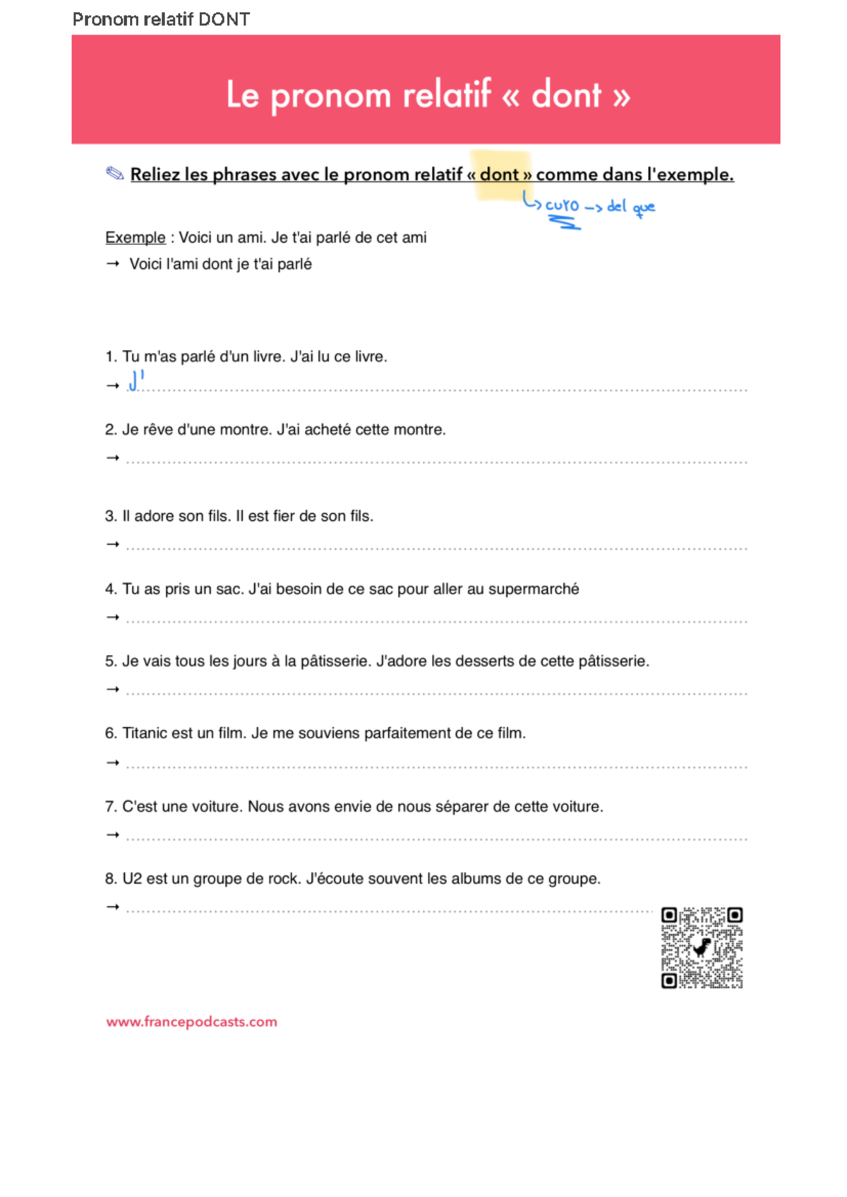 Pronom Relatif DONT - Exercices de Liaison de Phrases - Studocu