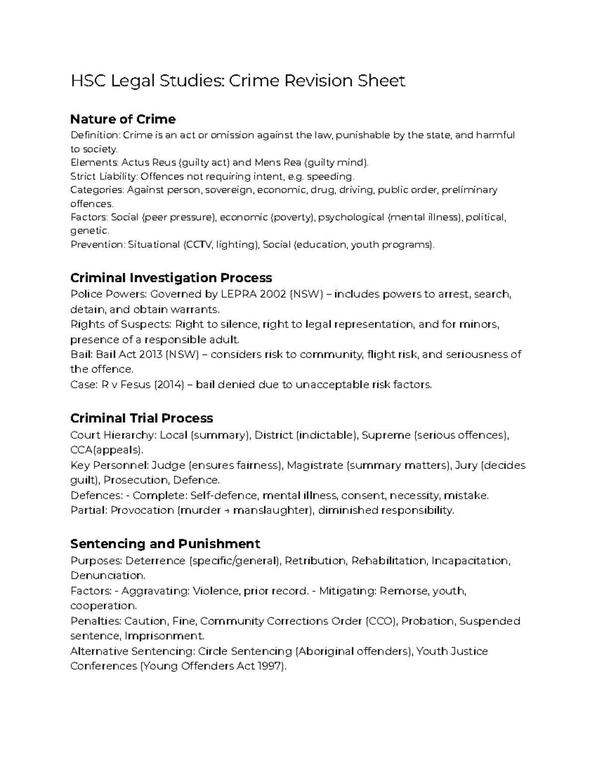 HSC Legal Studies: Crime Revision Notes and Key Concepts - Studocu
