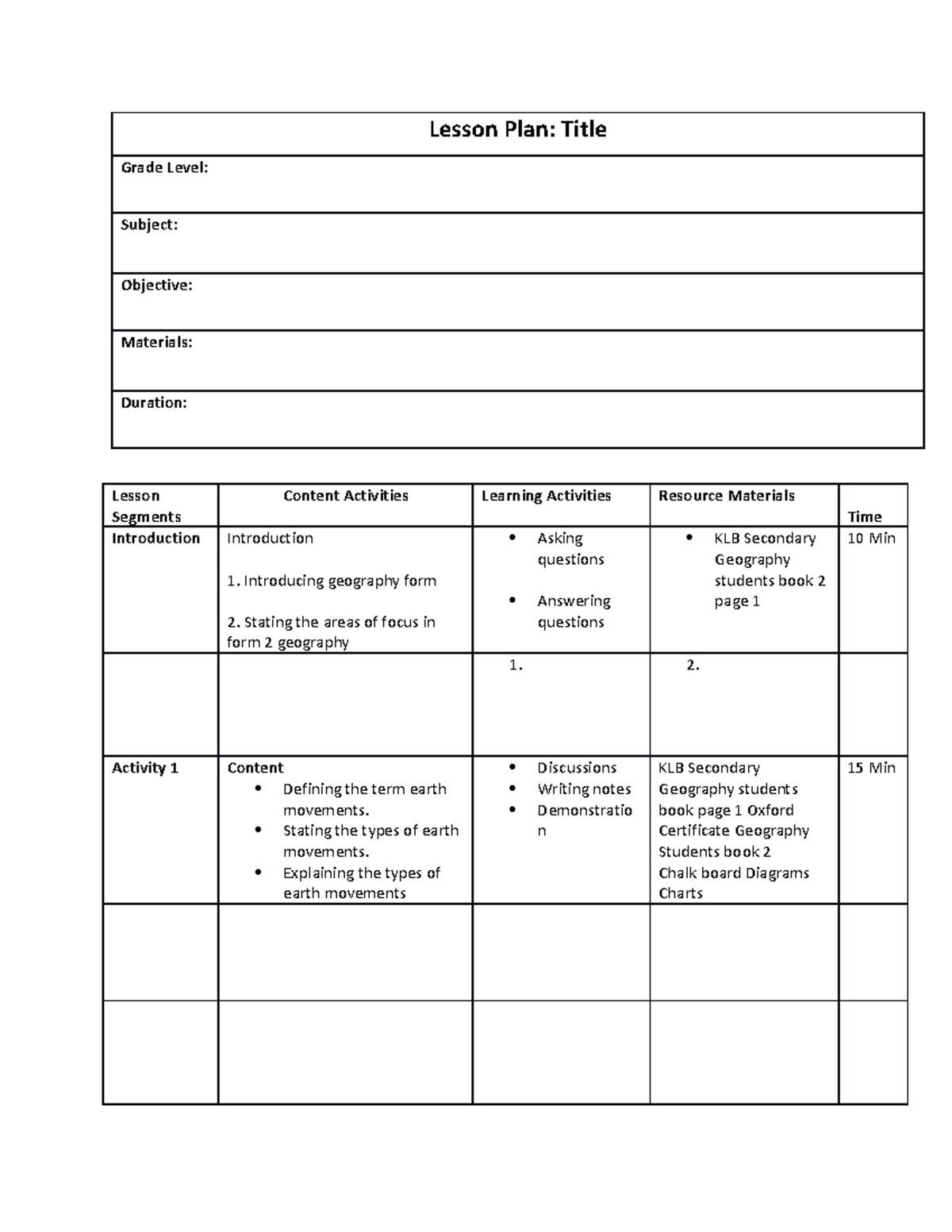 Lesson Plan Sample - Geography F1: Earth Movements Focus - Studocu