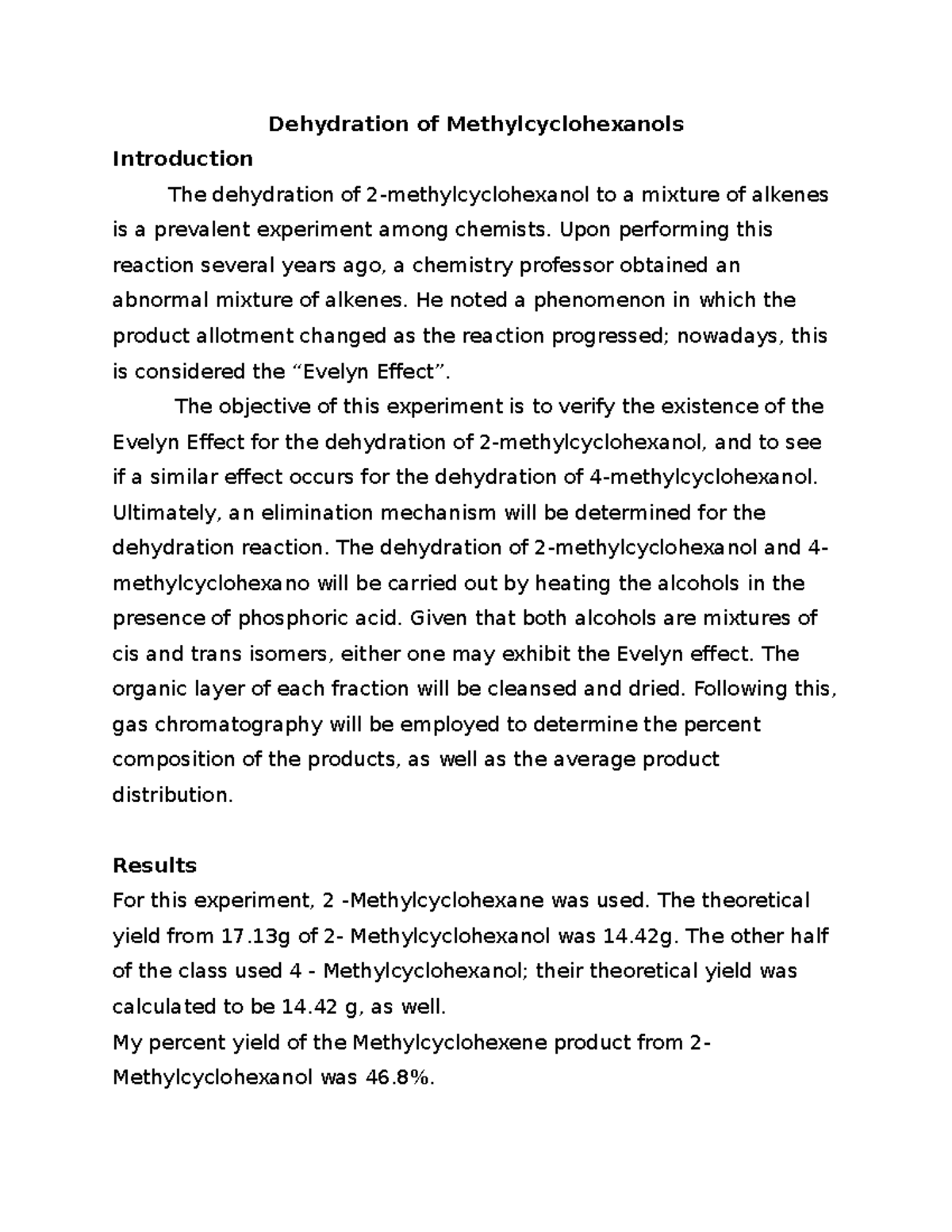 CH237 Lab Report 4: Dehydration of Methylcyclohexanols & Evelyn Effect ...